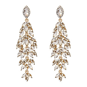 BriLove Women's Wedding Bridal Crystal Multi Marquise-Shape Leaf Cluster Chandelier Dangle Earrings Champagne Gold-Toned