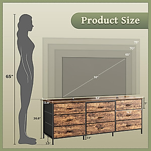 Huuger 9 Drawer Dresser, 63 Inch Dresser TV Stand for 55, 65, 70 Inch TV, Entertainment Center with Drawers, Large Long Fabric Dresser for Bedroom, Closet, Rustic Brown