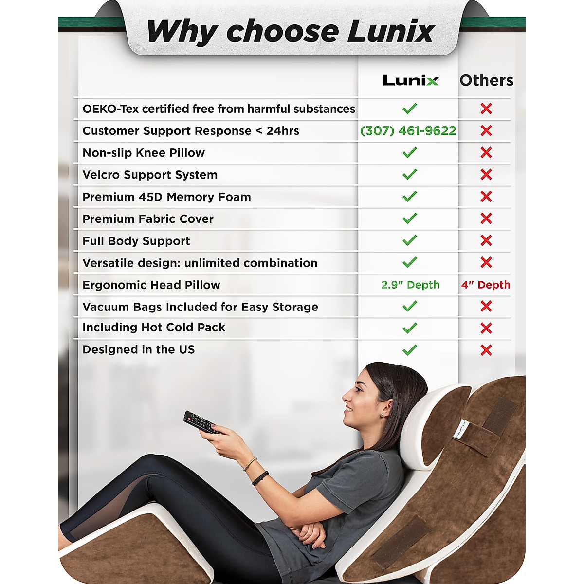 Lunix LX5 4pcs Orthopedic Bed Wedge Pillow Set, Post Surgery Memory Foam for Back, Leg Pain Relief, Sitting Pillow, Adjustable Pillows Acid Reflux and GERD for Sleeping, with Hot Cold Pack, Brown