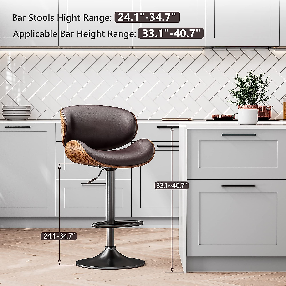 YaFiti Bar Stools Set of 4, Modern Pu Leather Swivel Adjustable Bar Stool Counter Height Stool Set, Bar Chair with Back and Footrest for Kitchen, Dining Room, Brown