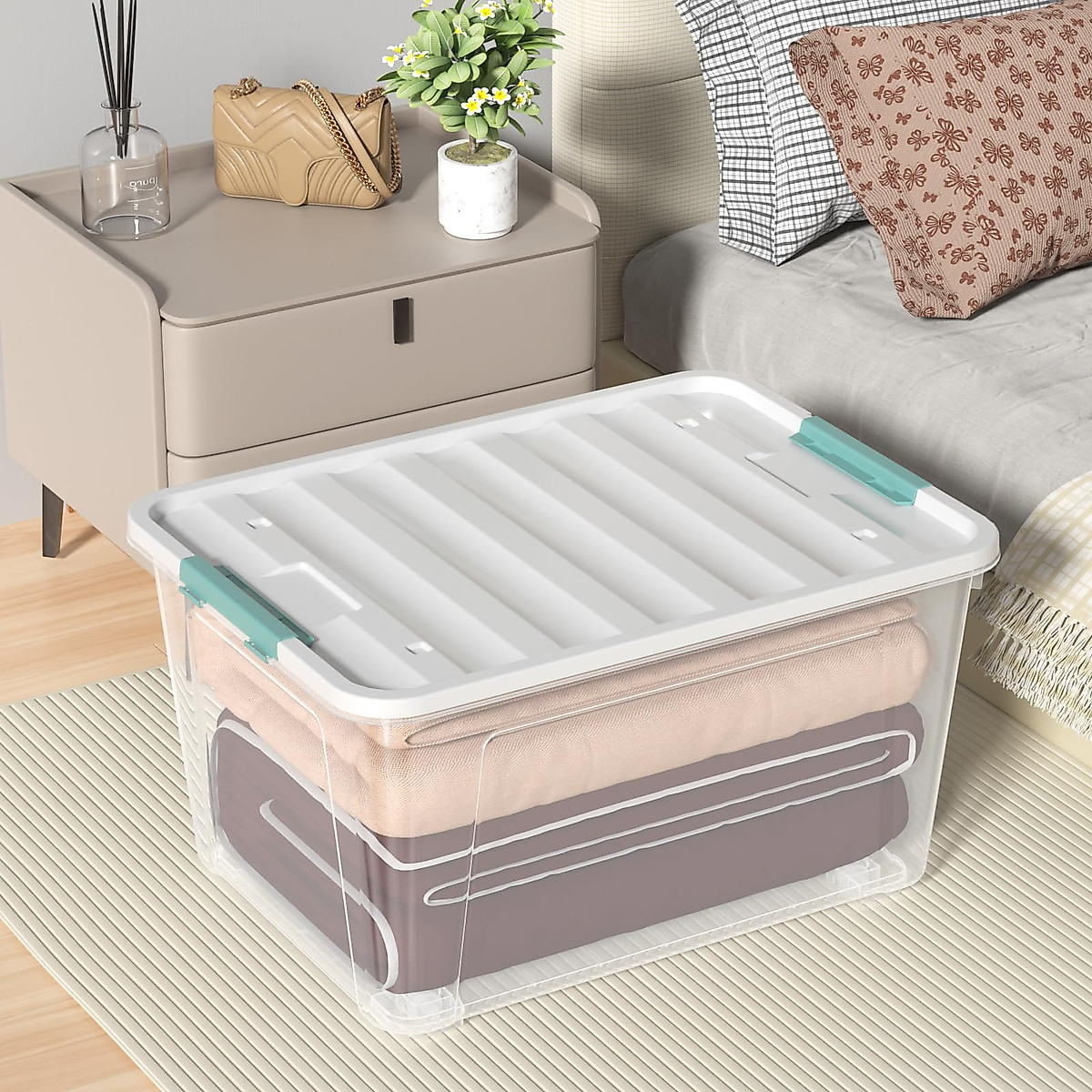 Vababa 80 L Large Plastic Storage Tote with Latch Lids, 4-Pack Clear Plastic Storage Bin with Wheels