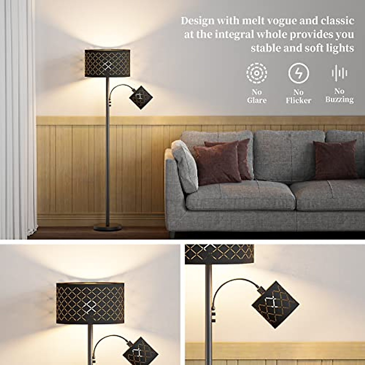 oachnat Modern Floor Lamp - Two Lampholders Light,Stable Base Quality lampshade and Independent Toggl Switch Lamp for Living Room and Bedroom,Bulb Included (Black)