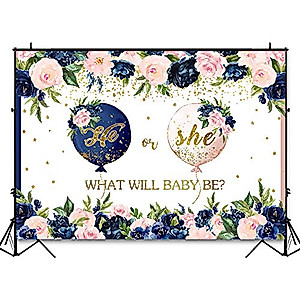 Avezano Navy and Blush Gender Reveal Backdrop He or She Navy Blue Blush Pink Floral Baby Gender Reveal Photography Background Pregnancy Reveal Surprise Boy or Girl Party Decoration Backdrops (7x5ft)