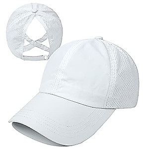 HGGE Womens Criss Cross Ponytail Baseball Cap Adjustable High Messy Bun Ponycap Trucker Hats Quick Drying Mesh Dad Hat for Outdoor Sports Travel White