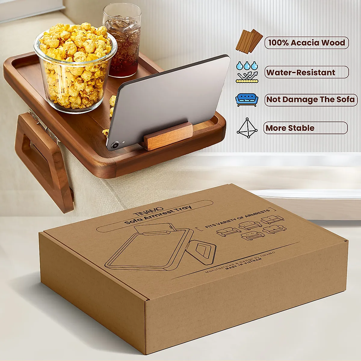 Tinamo Acacia Couch Arm Table with Phone Holder - Wooden Sofa Armrest Tray - Clip-on Tray for Wide Couch - Side Table for Eating & Drink (Acacia)