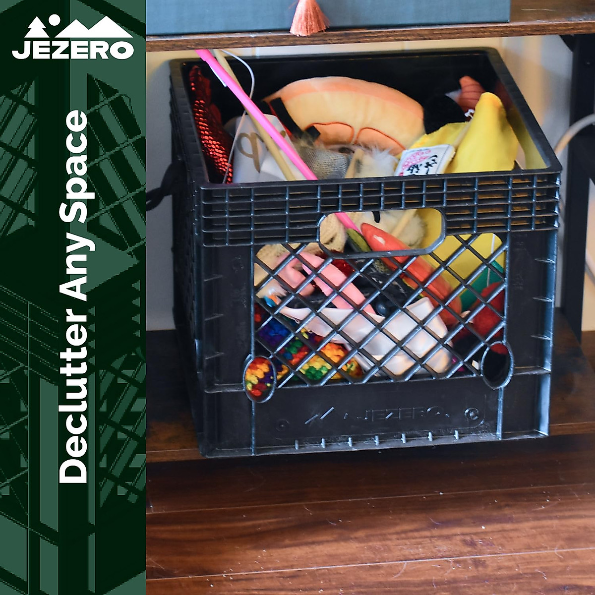 JEZERO Milk Crate for Household Storage: The Ultimate Storage Tote for Groceries, Garages, Kayaking & Outdoor, Stackable Storage | BLACK, Plastic, 13" x 13" x 11” (MC16-S2)