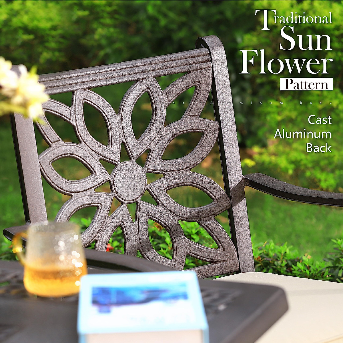 PHI VILLA Patio Furniture Set, Brown 3Pcs Cast Aluminum High Top Table and Swivel Bar Stools with Cushion, Pub Bistro Set for Outdoor