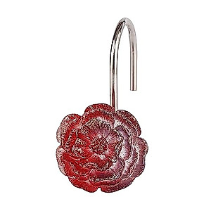 Twofish Home Luminous Burgundy Rose Flower Shower Curtain Hooks 100% Handwork Burgundy Rose Flower Shower Rings Decorative Resin Flower Shower Curtain Rings Set of 12