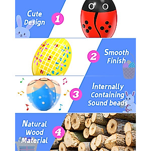 6 Pack Wooden Percussion Musical Shaker Prefilled Easter Eggs with Toys Inside Filled, Toddlers Easter Basket Stuffers Egg Fillers Montessori Toys Gifts for Kids Boys Girls Babies