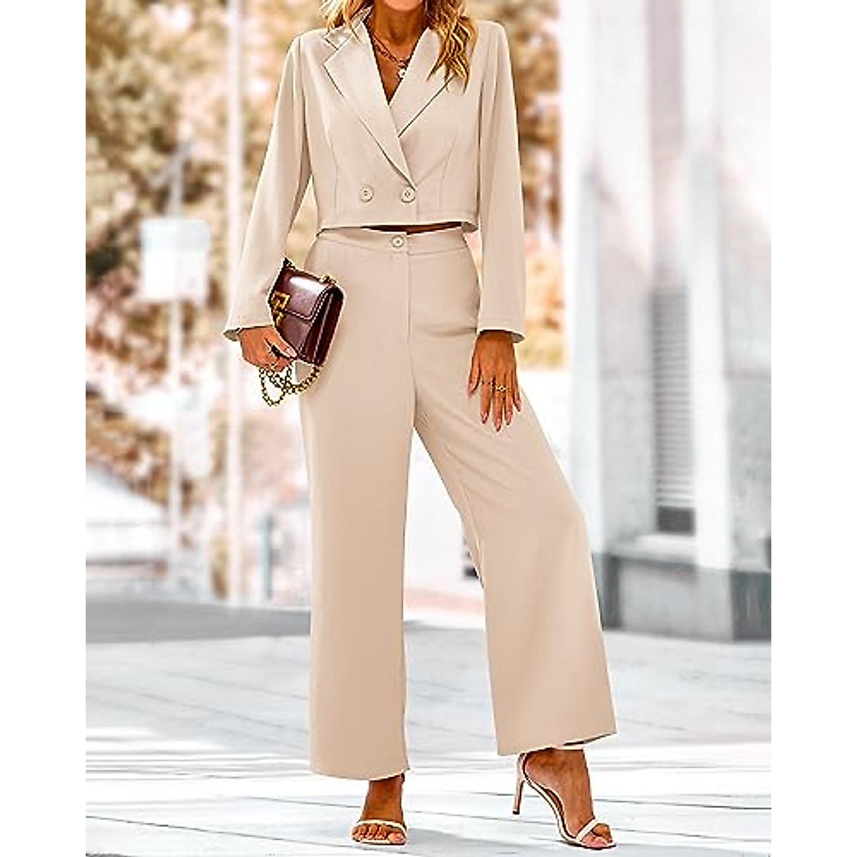 PRETTYGARDEN Women 2 Piece Sets Lapel V Neck Short Blazer Jackets Wide Leg Pant Suits Dressy Work Jumpsuits for Office(Solid Beige,Medium)