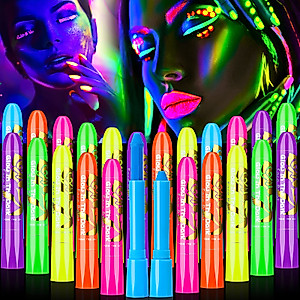 24 Pcs Glow in the Black Light Face Paint Crayons Neon Face Body Paint Sticks Uv Light Paint Kit Fluorescent Halloween Masquerade Makeup for Adult Mardi Gras Parties (Assorted Color, Classic Style)