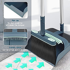 DALIPER Broom and Dustpan Set with Aluminum 54 Inches Long Handle, 180 Degree Swivel Broom and Upright Dust Pan with Hair Scraper for Home, Kitchen, Office, Indoor