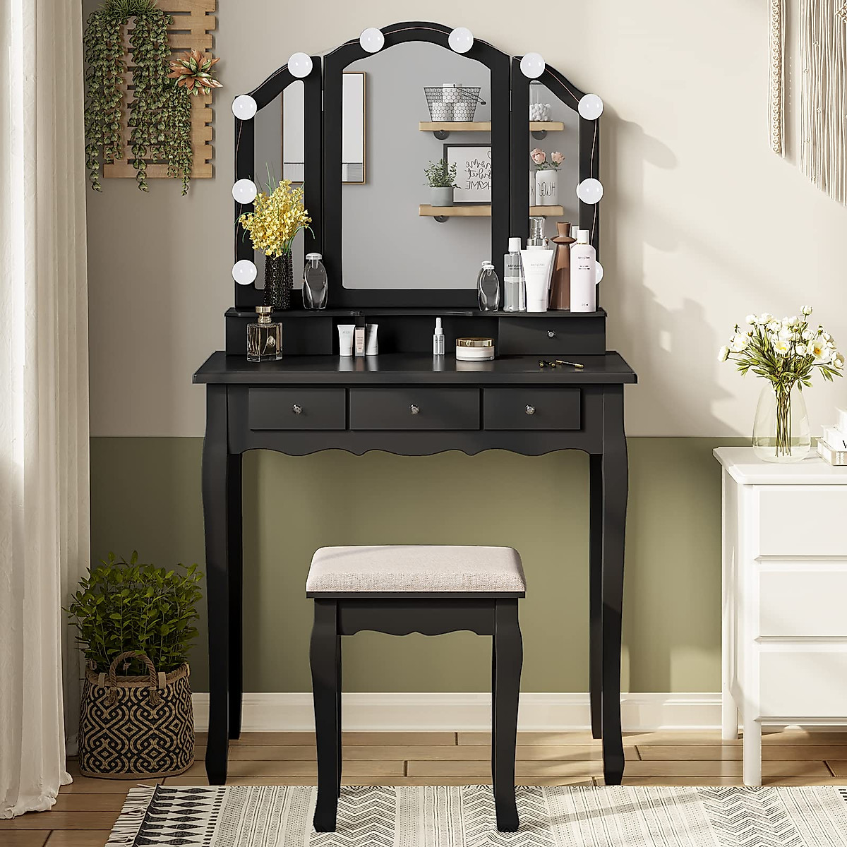 Tiptiper Makeup Vanity with Lights, Vanity Desk with 10 Light Bulbs & 3 Color Lighting Modes, Vanity Table with 5 Drawers and Cushioned Stool, Makeup Table with Tri-Fold Mirror for Women Girls, Black