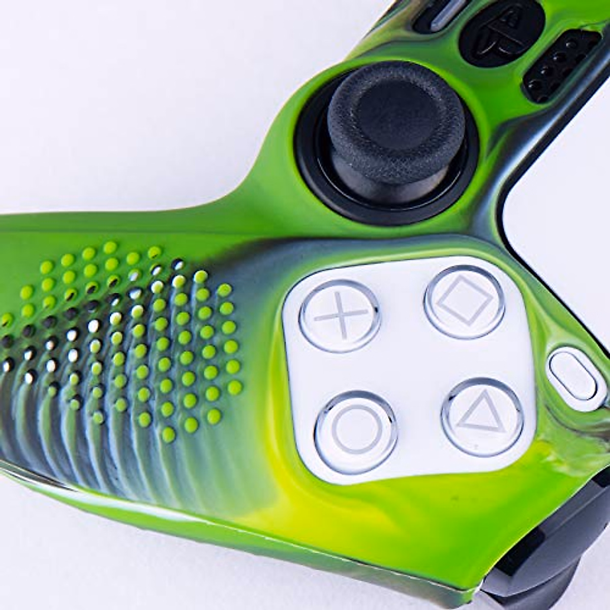 9CDeer 1 Piece of Silicone Studded Dots Protective Sleeve Case Cover Skin + 6 Thumb Grips Analog Caps for PS5 Controller, Camouflage Green