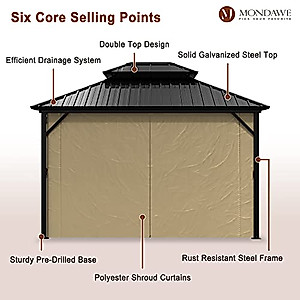 MONDAWE 10x12Ft Hardtop Gazebo with Curtains Permanent Gazebo Heavy Duty Galvanized Steel Double Roof Steel Frame Canopy Outdoor Pavilion for Patio Lawn Garden