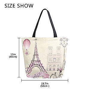 ZZKKO Paris Love Canvas Tote Grocery Bag Shoulder Casual Book Bag Large for Women Teachers, Eiffel Towel Cotton Bag Shopping Purse Handbag Reusable Multipurpose Use