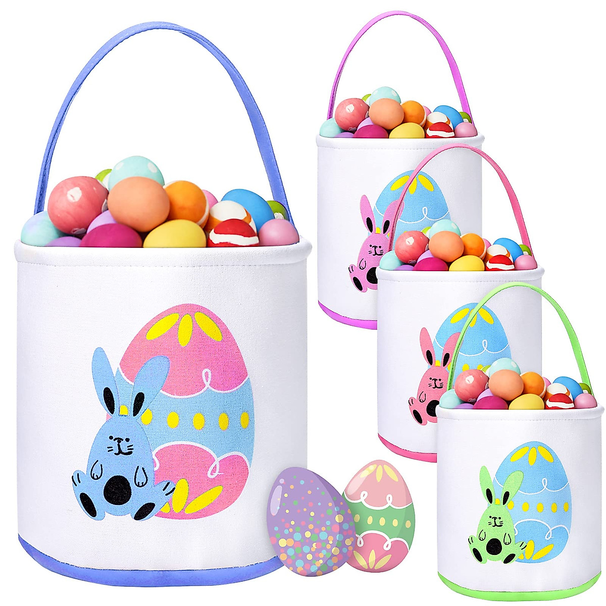 Honeydak 4 Pcs Easter Bunny Basket Bags for Kids Canvas Bunny Totes Bag Bucket for Easter Eggs Toys Rabbit Easter Hunt Basket with Handle Easter Party Decoration Personalized Eggs Candy Present Carry