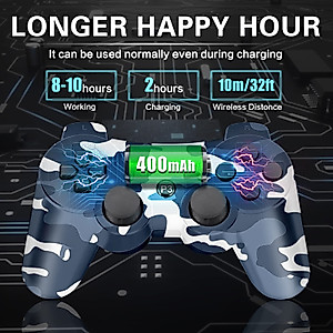 PS3 Controller Wireless 2 Pack, Upgraded Joystick Controller for PS3 with Double Shock, Motion Control (Camo Brown and Camo Blue)