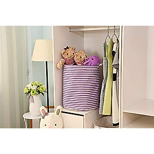 Sea Team 19.7-Inch Canvas Laundry Hamper and 16.5-Inch Canvas Storage Basket Bundle, Purple Stripe