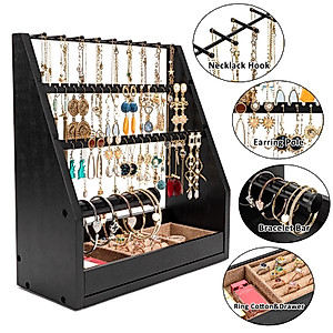 DGWJSU Earring Organizer, 5 Layer Earring Holder Organizer with Necklace Holder, Rustic Wood Jewelry Organizer Stand Display for Stud Earring Bracelet Necklace Ring, Watches