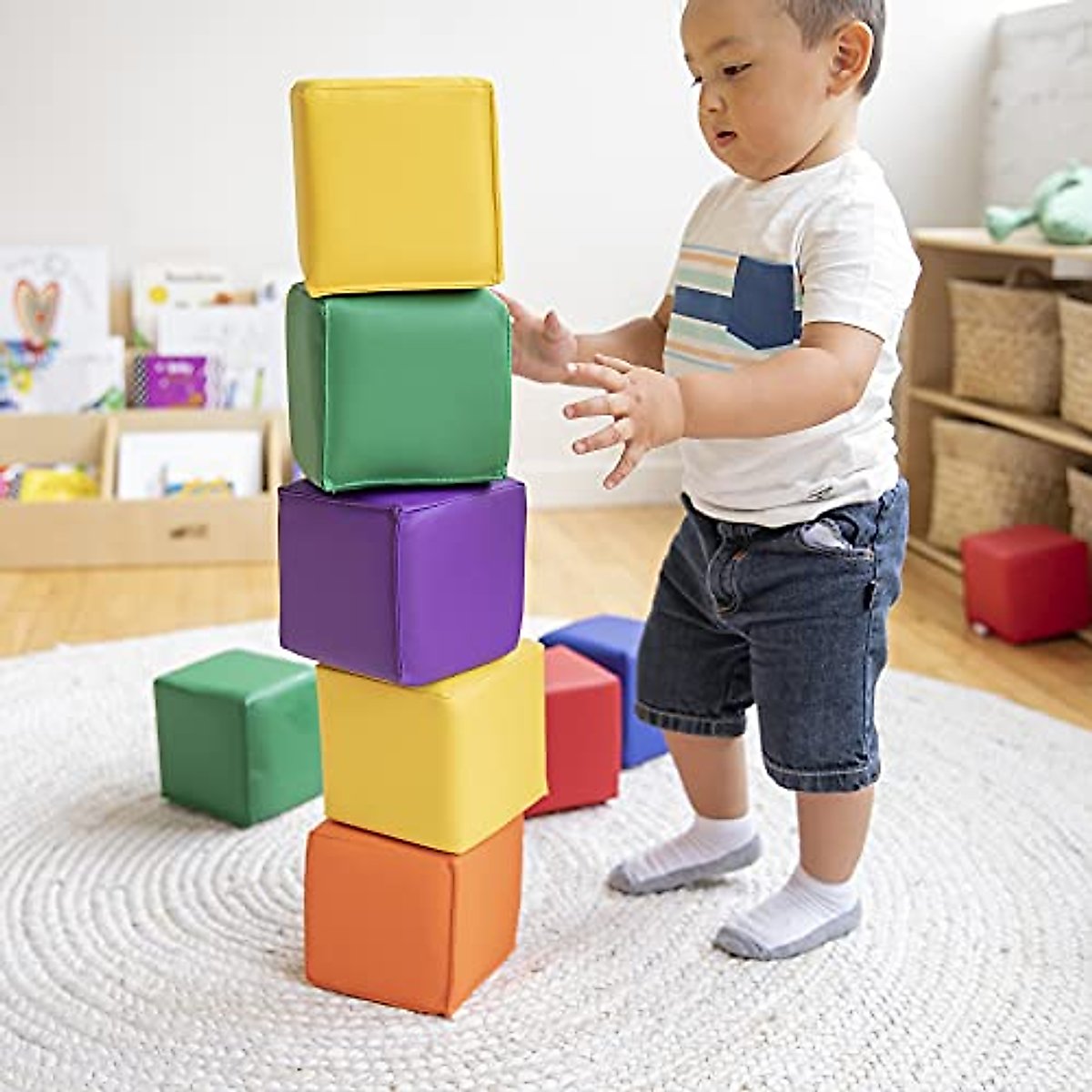 ECR4Kids SoftZone Patchwork Toddler Building Blocks, Foam Cubes, Assorted, 12-Piece
