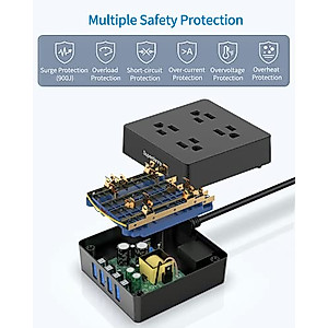 Power Strip, SUPERDANNY 4-Outlet 4-USB Surge Protector, 5 Ft Extension Cord, 900 Joules, Overload Switch, Grounded, Mountable, Desktop Charging Station for Home, Office, School, Dorm, Computer, White