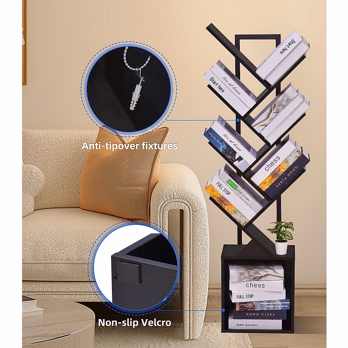 YSVCO 7 Tier Tree Bookshelf, Tall Narrow Wood Book Shelf, Freestanding Bookcase with Storage Cabinet, Floor Standing Display Storage Shelf for CD/Book, Living Room, Home Office Black BS36BS