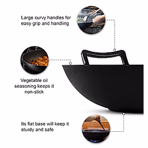 Klee Pre-Seasoned Cast Iron Wok Pan with Wood Wok Lid and Handles - 14" Large Wok Pan with Flat Base and Non-Stick Surface for Deep Frying, Stir-Frying, Grilling, Steaming - Stovetop and Oven Safe