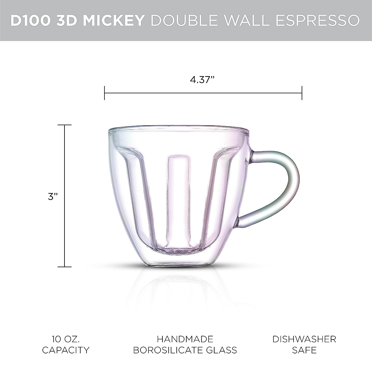 JoyJolt Disney Espresso Cups and Glasses. Disney 100 3D Mickey Mouse Coffee. 5.4oz Double Wall Glass, Insulated Coffee Mug. Iridescent Clear Coffee Cup. 100yrs Disney Merchandise, Glassware and Gifts