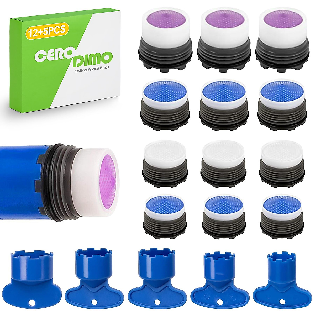 CeroDimo 12 PCS Faucet Aerators with 5 PCS Aerator Key for Sink Faucet, Faucet Aerator Removal Tool, Faucet Aerator Replacement for Bathroom or Kitchen Sink, M16.5 M18.5 M21.5 M24