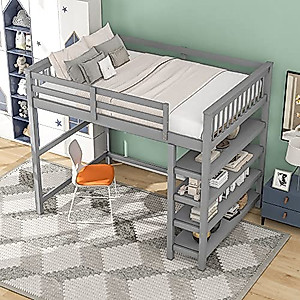 Merax Wood Loft Bed with Desk : Twin Size Loft Bed with 4-Storage Shelves and Under Bed Desk Solid Wood Bed, Grey