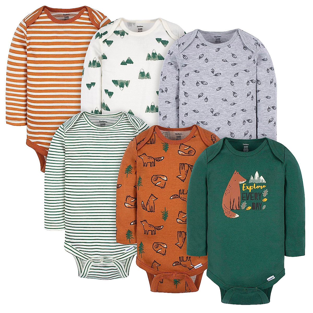 Gerber Baby Boys' 6-Pack Long-Sleeve Onesies Bodysuit, Green Fox