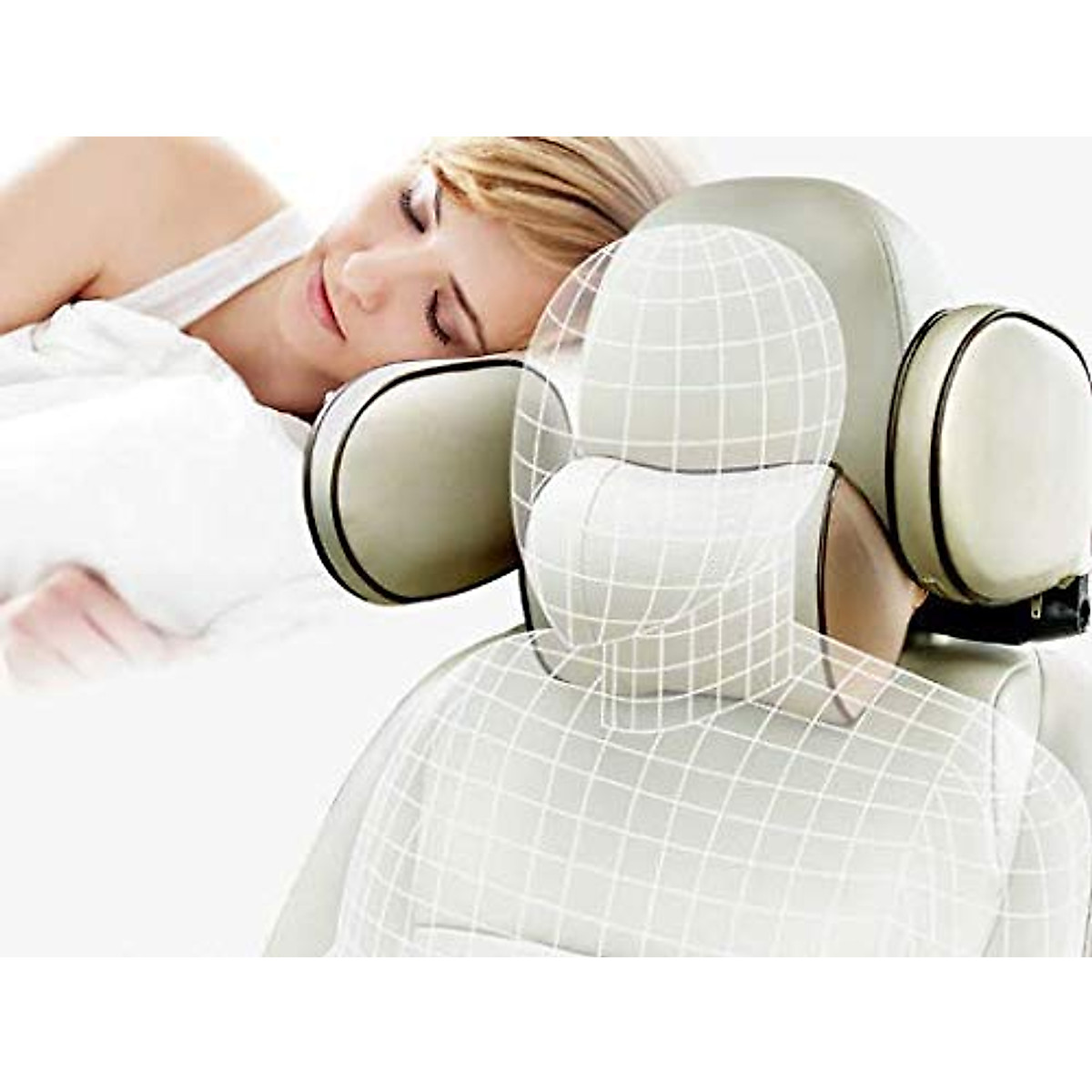 Car Seat Headrest Pillow, Support Neck Pillow Head Protection Cervical Spine Adjustable on Both Sides Telescopic Version PU Leather Universal for Kids Adults Travel(Beige)