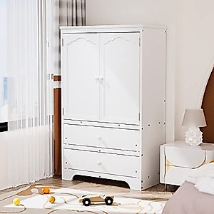 Rophefx 2 Door Kids Wardrobe with 2 Storage Drawers, Bedroom Armoire with Adjustable Shelf and Hanging Rod, Clothes Hanging Storage Rack, White