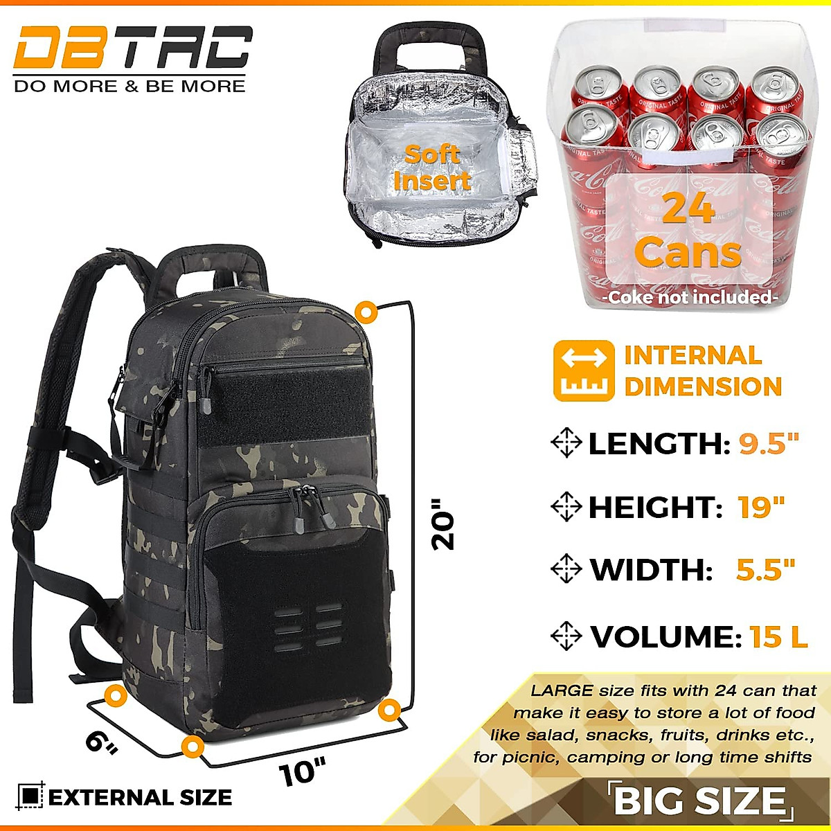 DBTAC Tactical Lunch Backpack, Large Lunch Cooler for Men Women | Backpack Coolers insulated for Work Picnic Travel (Black Camo, 24-Cans)