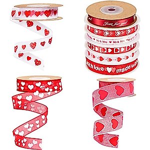 9 Rolls Valentine's Day Ribbons with Heart Printed and Sweet Words Love Ribbon Totally 65 Yards Assorted Ribbons in Different Width for DIY Wrapping, Hair Bow Clips, Party Decorating