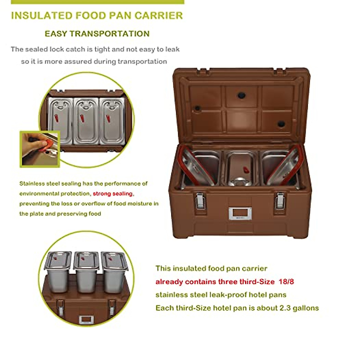 FORCOOK Top-Load Insulated Food Pan Carrier Food Warmer Box Hot Boxes for Catering Keep Food Hot Or Cold with Three Third-Size 18/8 Stainless Steel Leak-Proof Hotel Pans