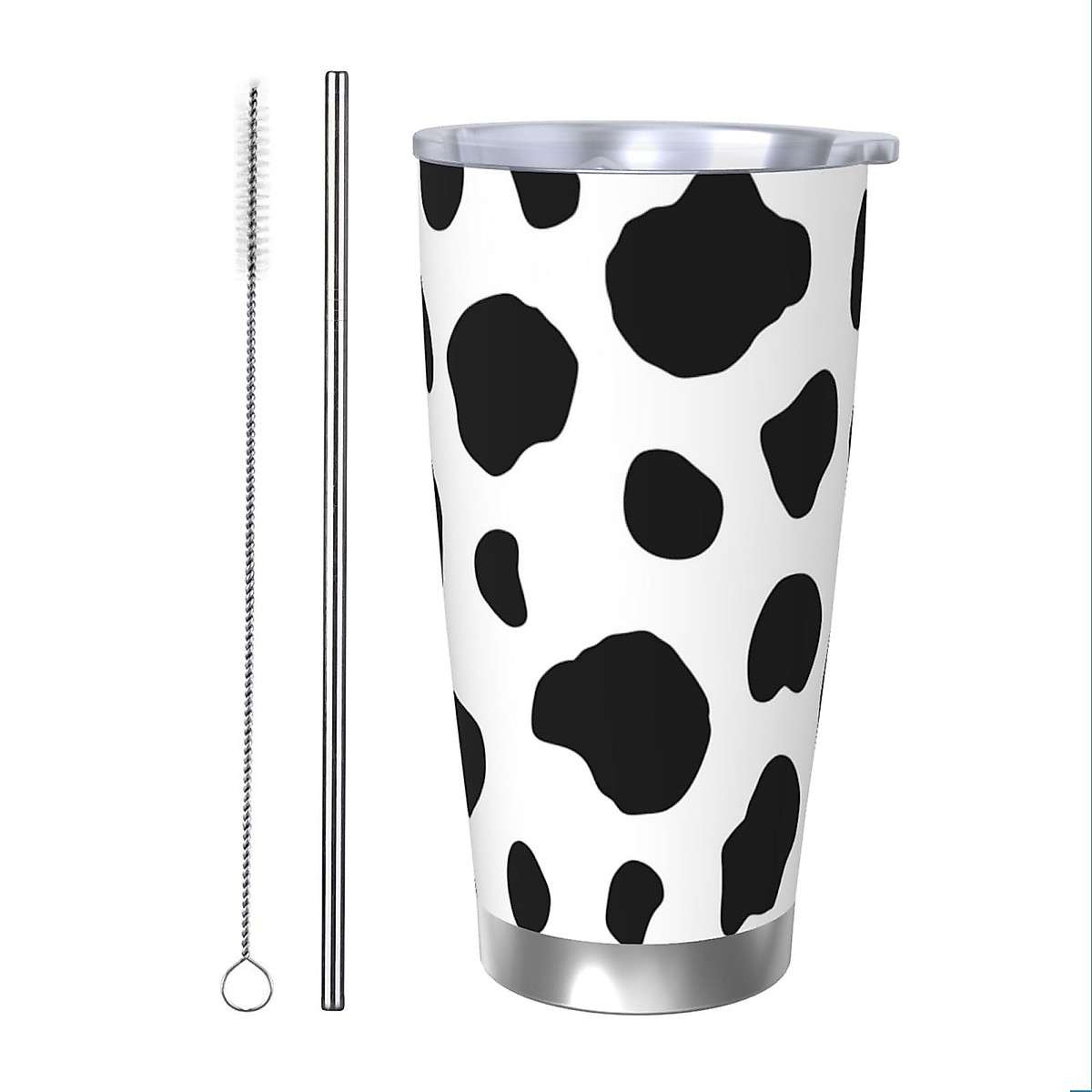 Black And White Cow Pattern 20oz Tumbler Stainless Steel Vacuum Insulated Coffee Travel Mug, Durable Insulated Coffee Travel Mug with Splash-Proof Lid Metal Straw and Brush Thermal Cup for Outdoor