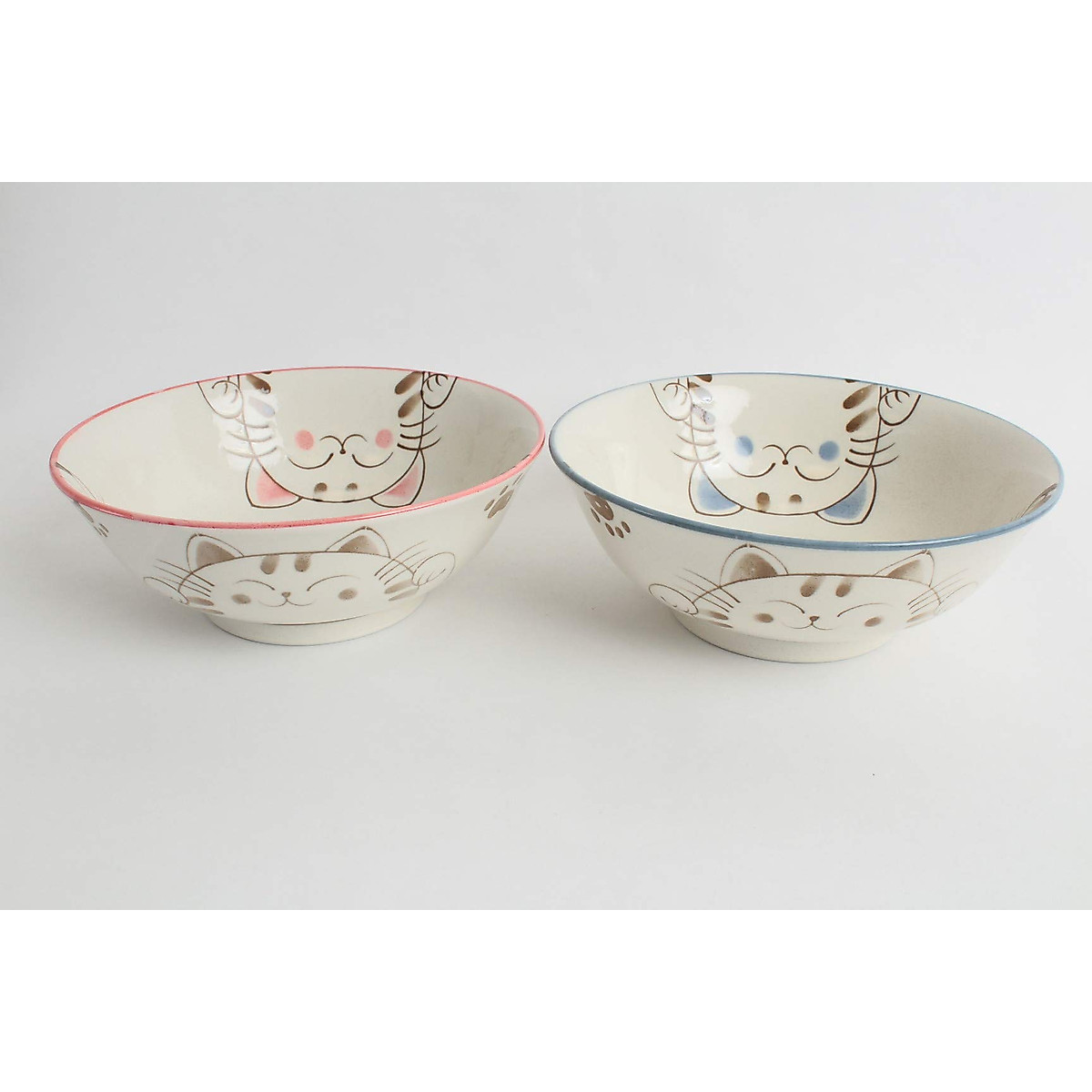 Mino ware Japanese Pair Ramen Noodle Donburi Bowl Smiling Cats Blue & Pink Set made in Japan (Japan Import) MIG001