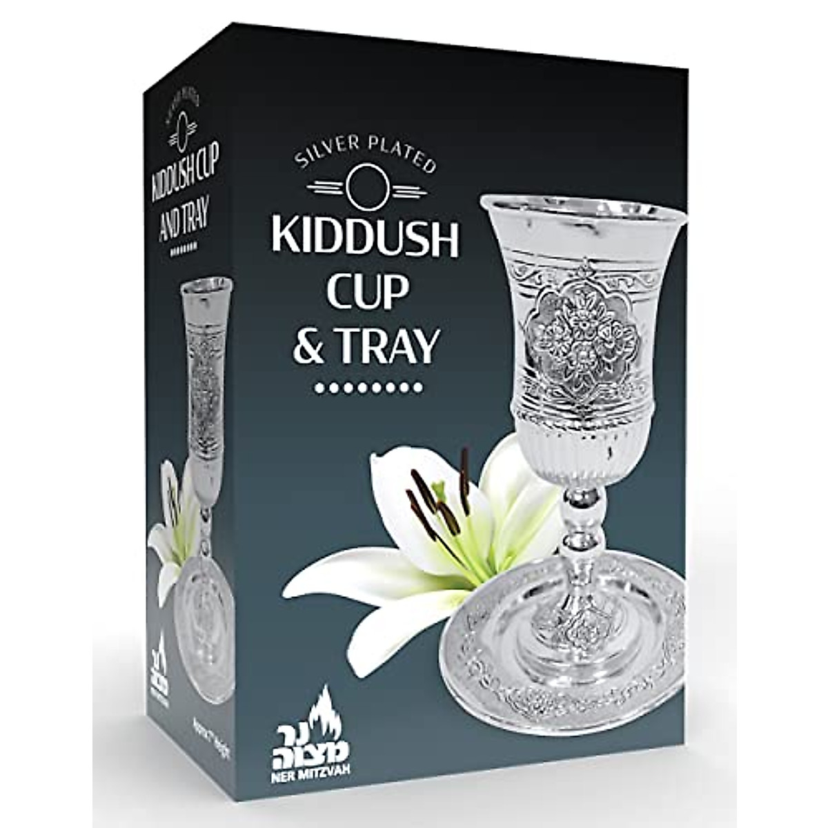 Ner Mitzvah Tall Kiddush Cup and Tray - Premium Quality Silver Plated Goblet With Stem - Shabbat and Havdalah Goblet - Judaica Shabbos and Holiday Gift