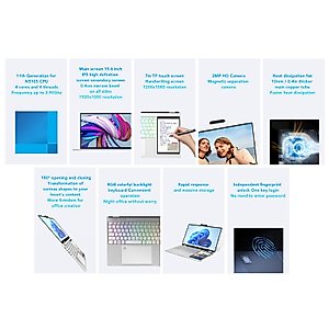 Pomya 15.6in Double Screen Laptop for Win 11, FHD IPS Screen Notebook with Intel N5015 2.0GHz Processor, 16GB RAM, Backlight Keyboard, Touch Function, Fingerprint Recognition