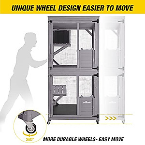 Aivituvin Cat Catio Outdoor Cat House Wooden Large Enclosure with Run on Wheels 70.9" Upgraded Version Catio with Reinforcement Strip,Waterproof Roof (Grey)