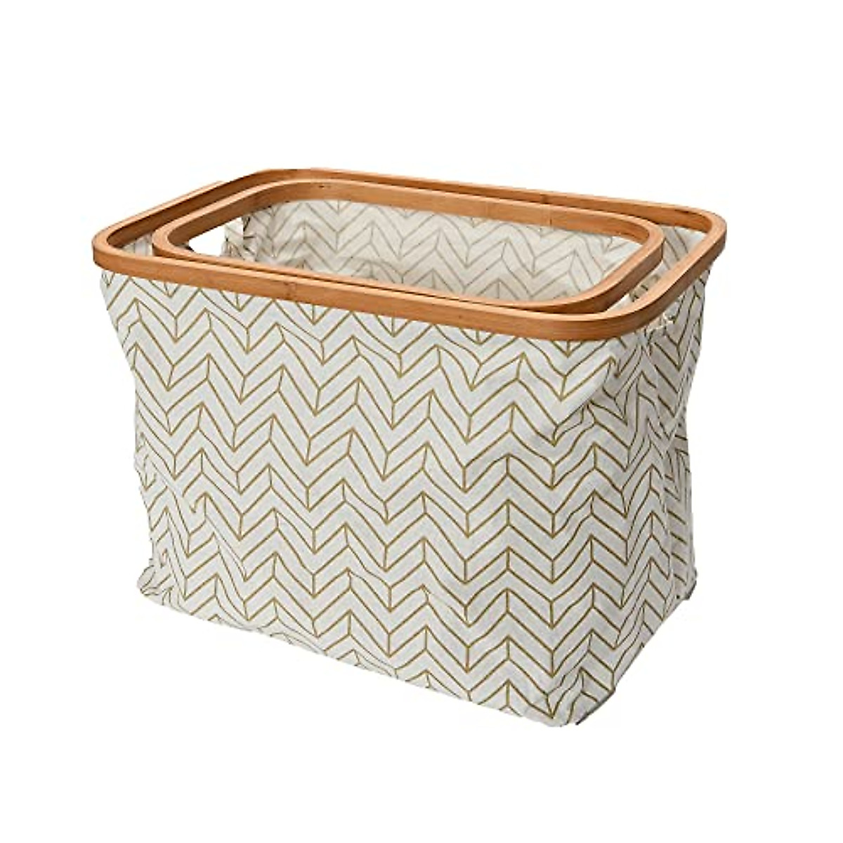 Household Essentials Bamboo Rimmed Krush Basket with Cutout Handles, Set of 2 Sizes, Tan Chevron
