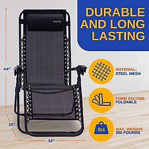 SereneLife SLZGHTBBK78.5 Outdoor Adjustable Zero Gravity Lounge Chair Recliners with Table and Padded Headrest Pillows, 2 Pack, Light Black