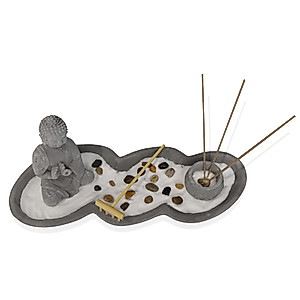 Japanese Mini Zen Garden Decor, Incense Holder with Buddha Statue for Relaxation and Meditation, Gift Set Perfect for Home and Office Decor