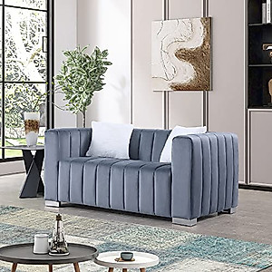 Familymill 63'' Modern Premium Velvet 2-Seater Couch/Loveseat Sofa with Metal Base Legs and 2 Pillows for Living Room/Bedroom, Blue Grey