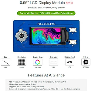 0.96inch LCD Display Module for Raspberry Pi Pico, 160×80 Resolution IPS Screen 65K RGB Display Color SPI Interface ST7735S Driver, with 1x Joystick and 2X User Buttons for Easy Interacting