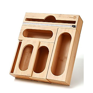 KUNABOO Bamboo Storage Bags Organizer, 5 Boxes Set Drawer Organizer for Plastic Storage Bags and Foil Plastic Wrap Cutter Dispenser (FSC Certified eco-Friendly Bamboo), Sandwich Bag Organizer