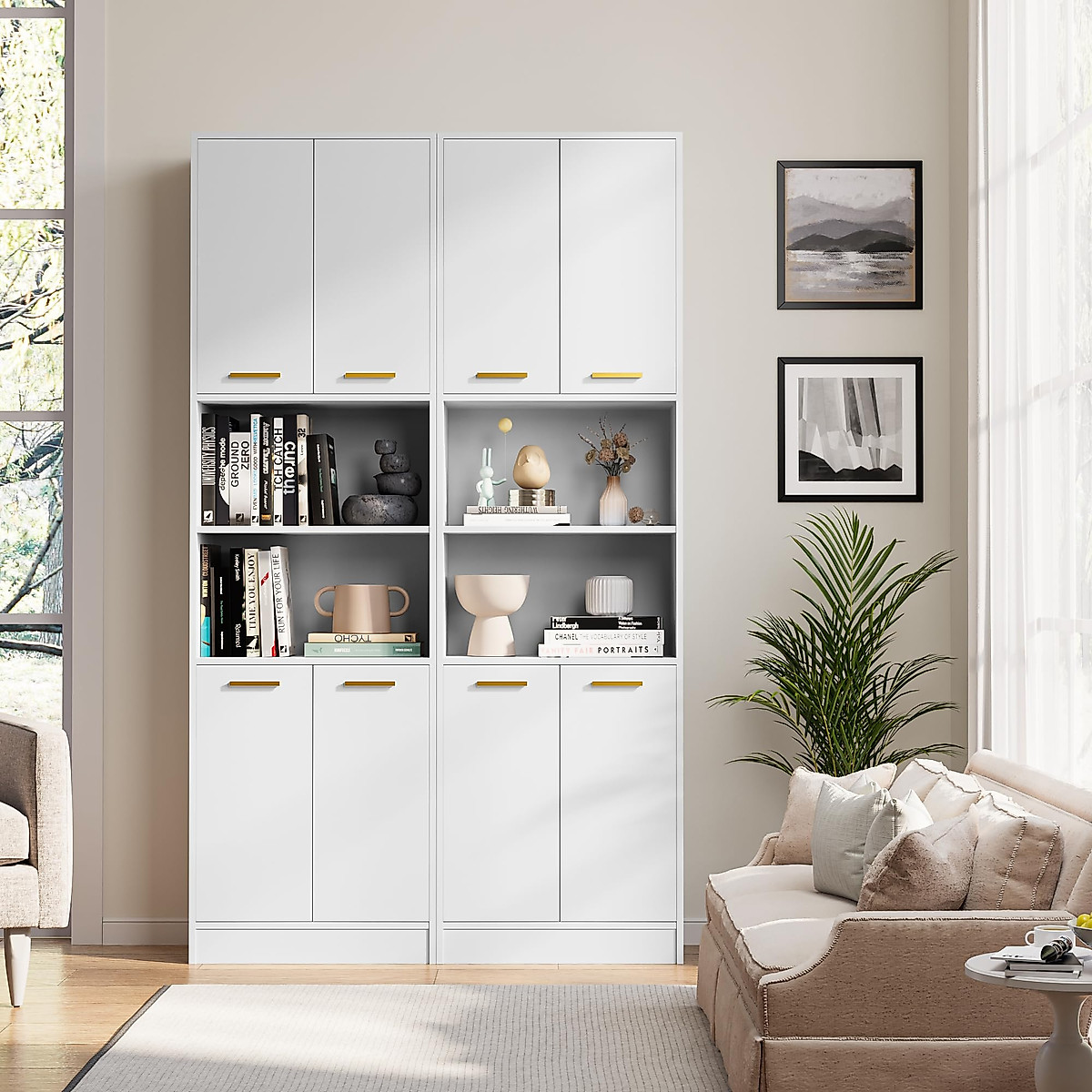 Kitchen Pantry Storage Cabinet 75" Tall 4 Doors Wood Freestanding Cupboard with Open Countertop and Adjustable Shelves Utility Hutch Cabinet for Dining Room Living Room Laundry Bathroom, White