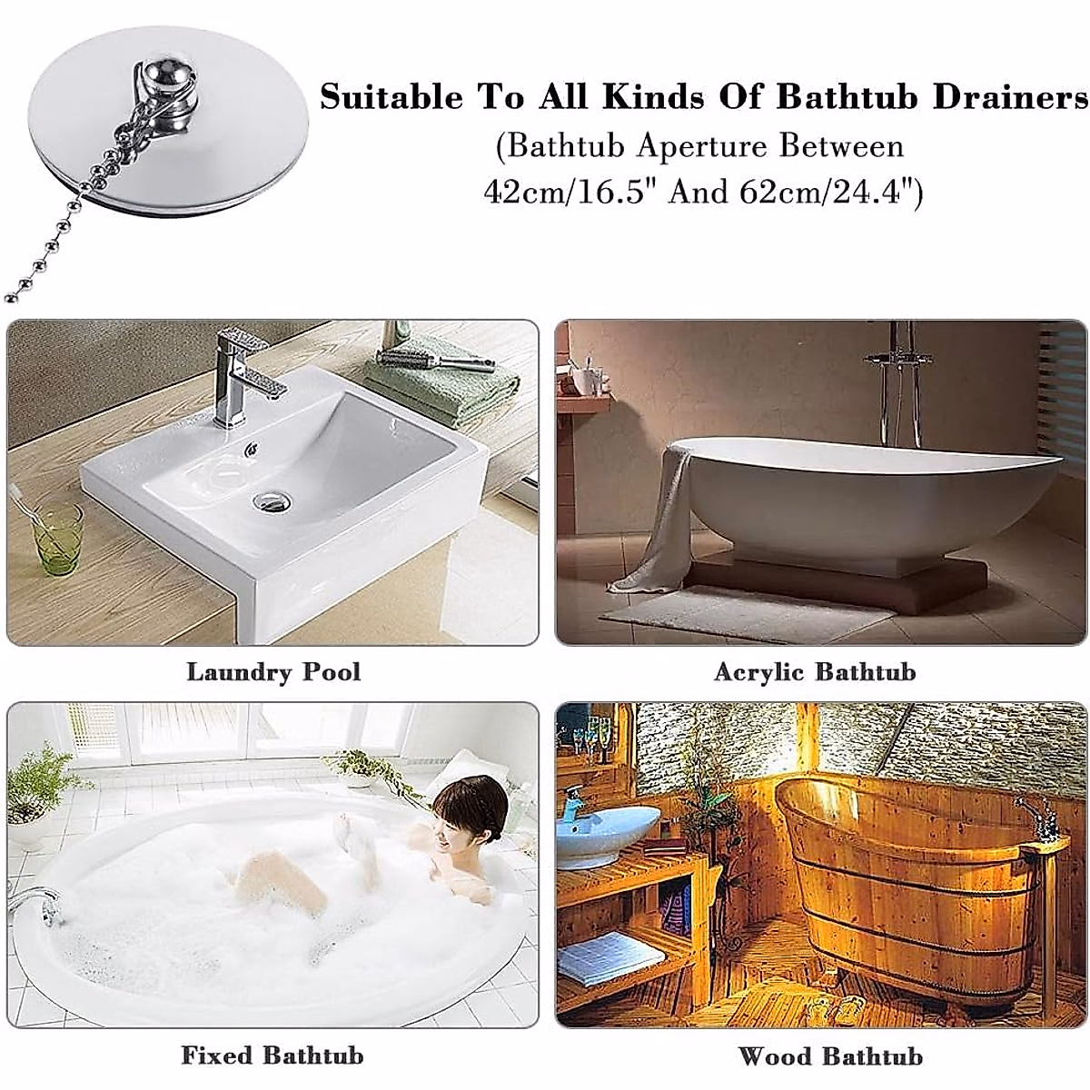 Bathtub Drain Stopper,Chrome Bathroom Bathtub Drain Cover Stopper Solid Metal Waste Plug with Chain Kitchen Sink Stopper Hair Drain Strainer